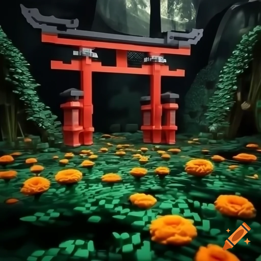 Lego forest with crimson torii gate surrounded by dense greenery on Craiyon