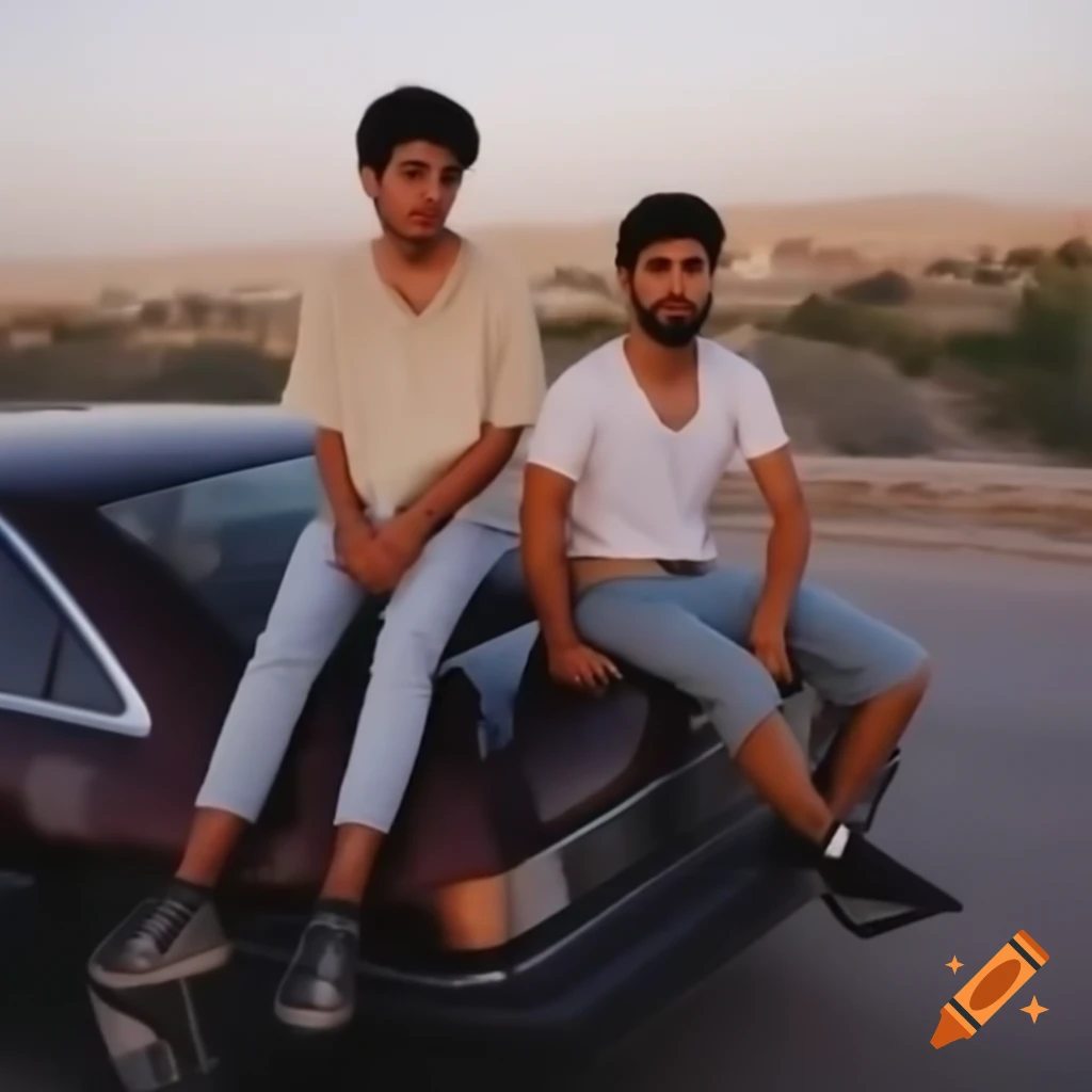 Two friends enjoying a ride in an Iranian Pikan car on a city road on ...
