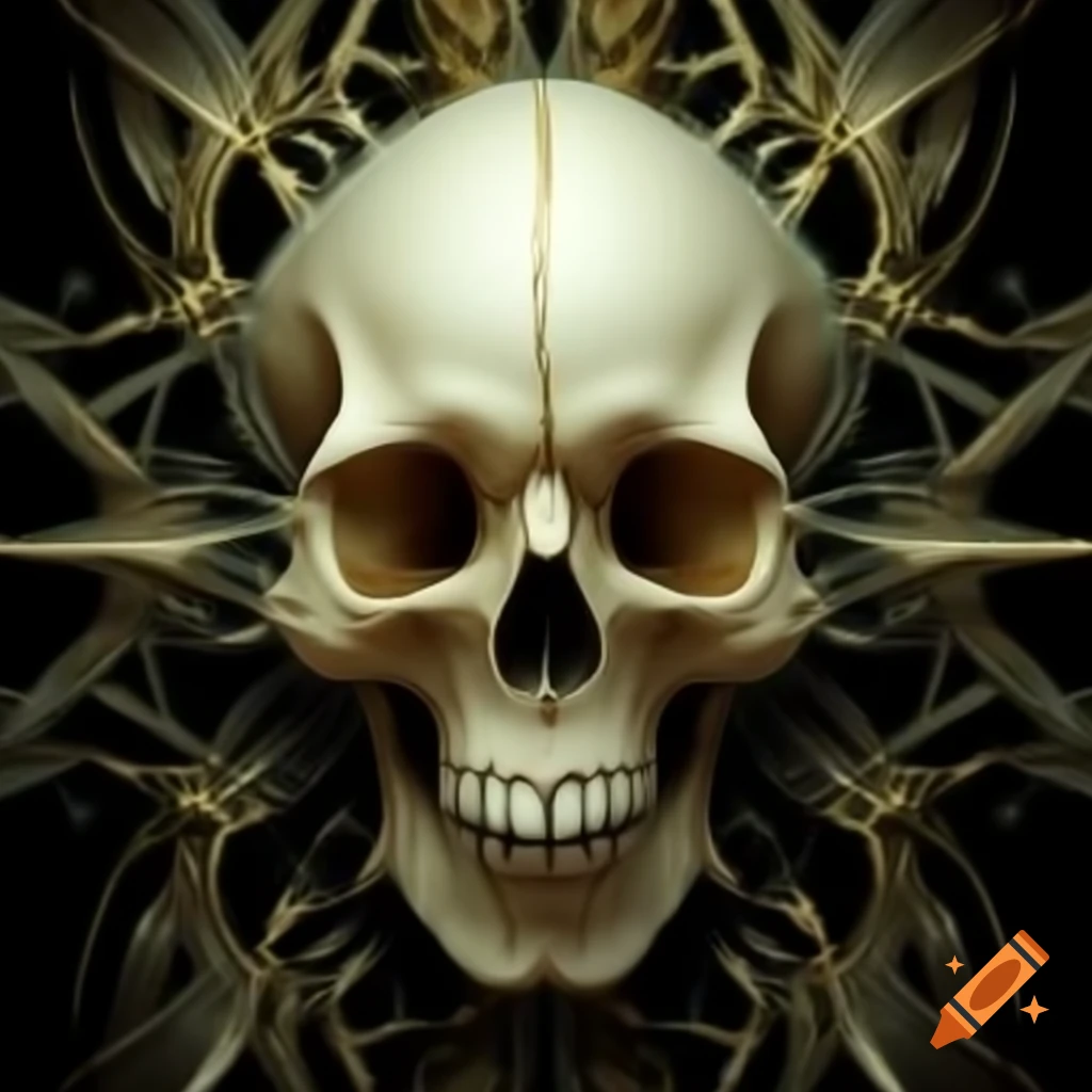 Fractal egyptian biohazard art on bright white alien bone skull on Craiyon