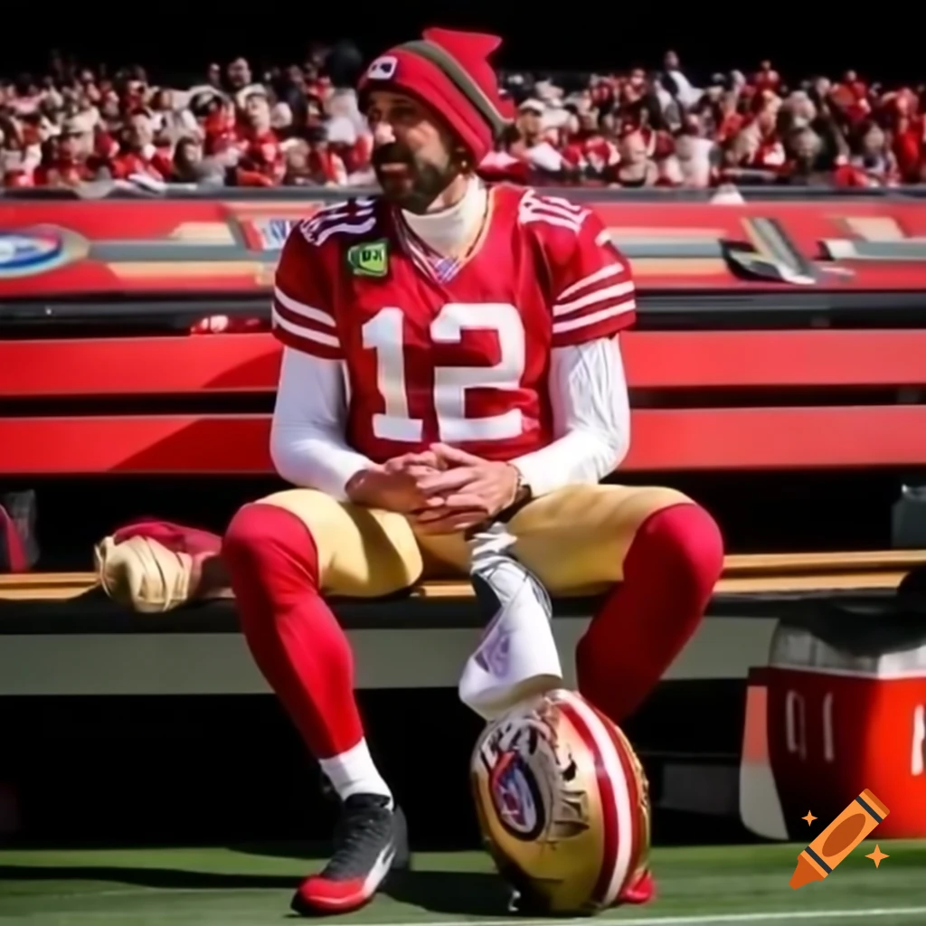 QB Aaron Rodgers sitting on bench in 49ers uniform, number 12 on Craiyon