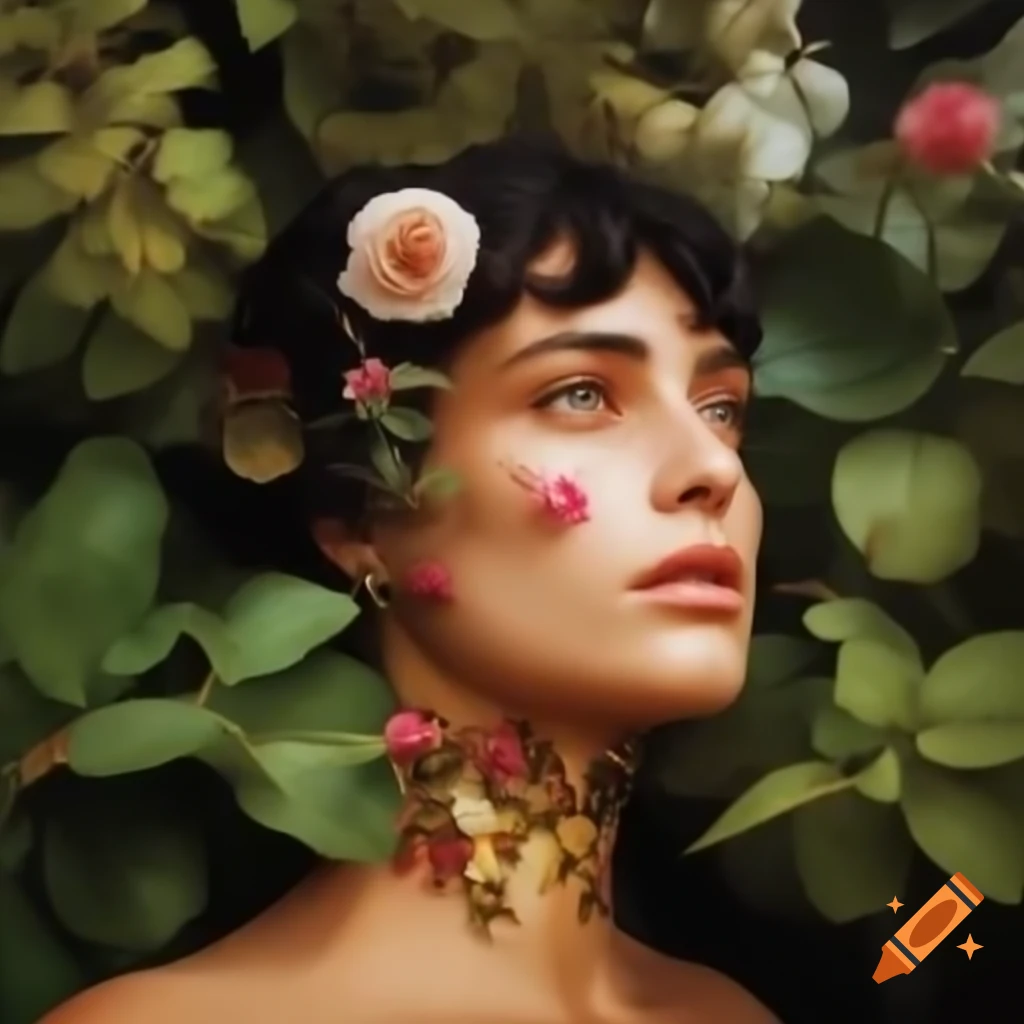 Brunette woman in lush gardens during Julius Caesar's reign, full body ...