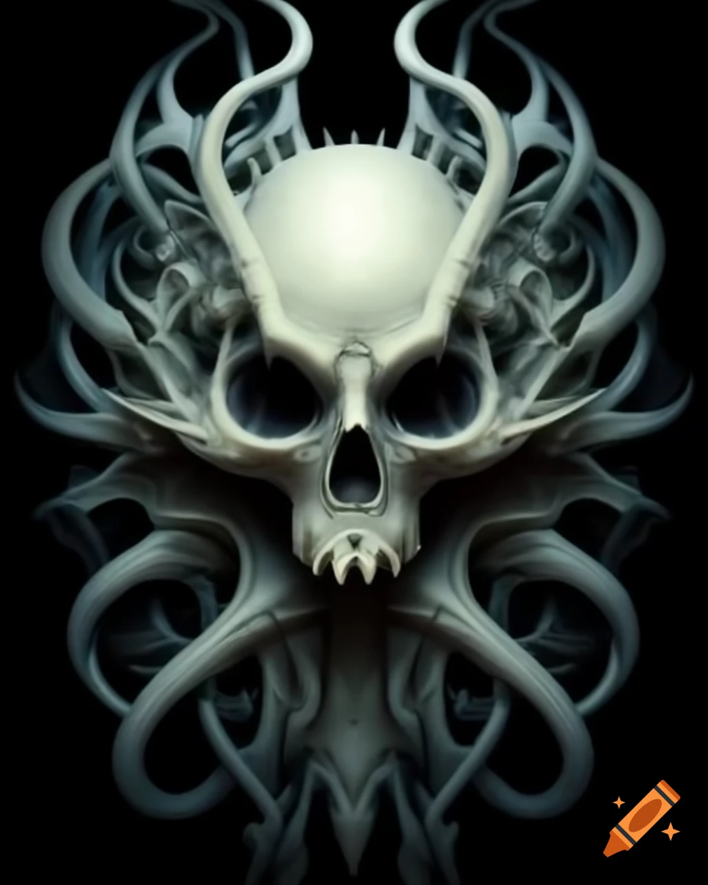Fractal egyptian biohazard art on alien bone skull on Craiyon