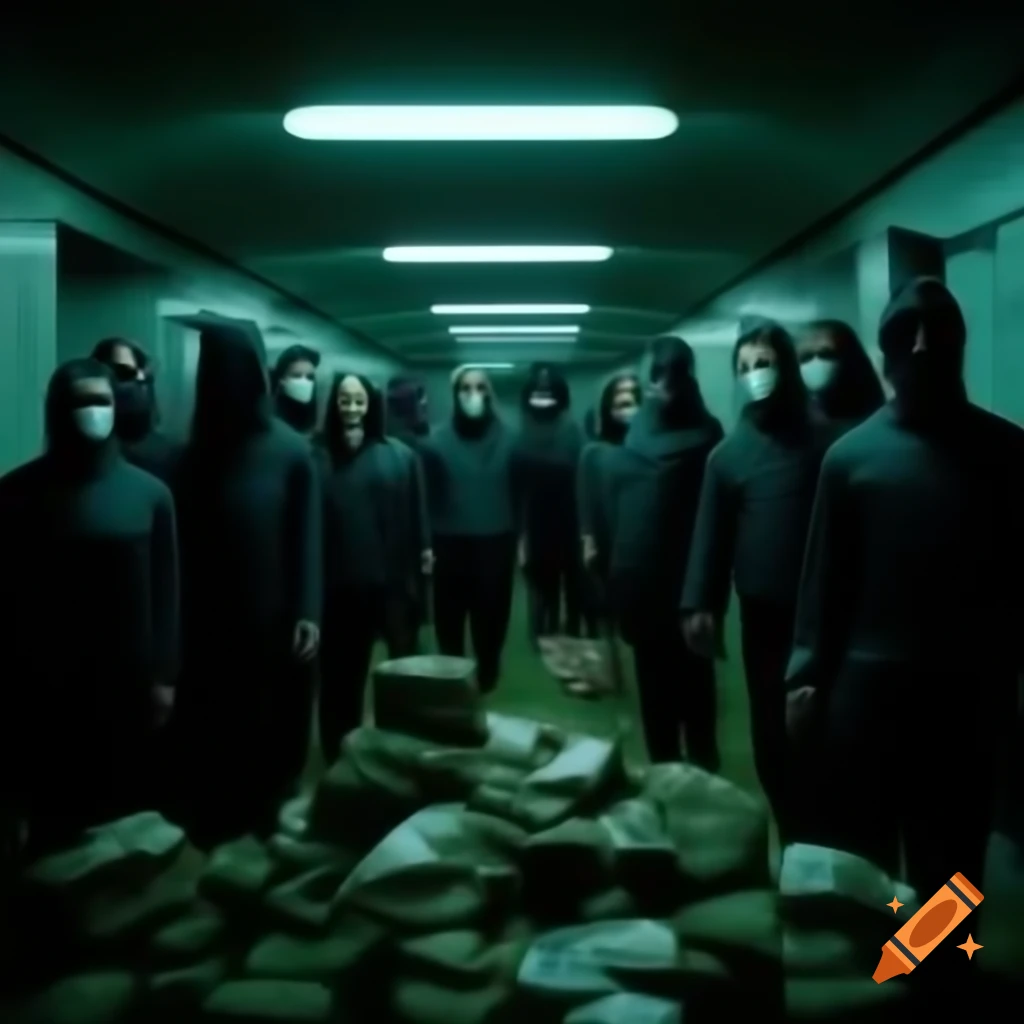 Masked robbers in underground tunnel during a bank heist, digging ...