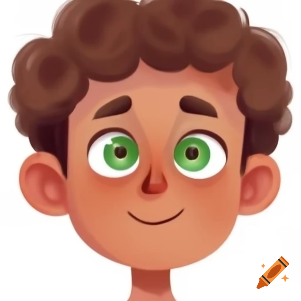Child's drawing of a boy with square head, green eyes, and brown curly ...