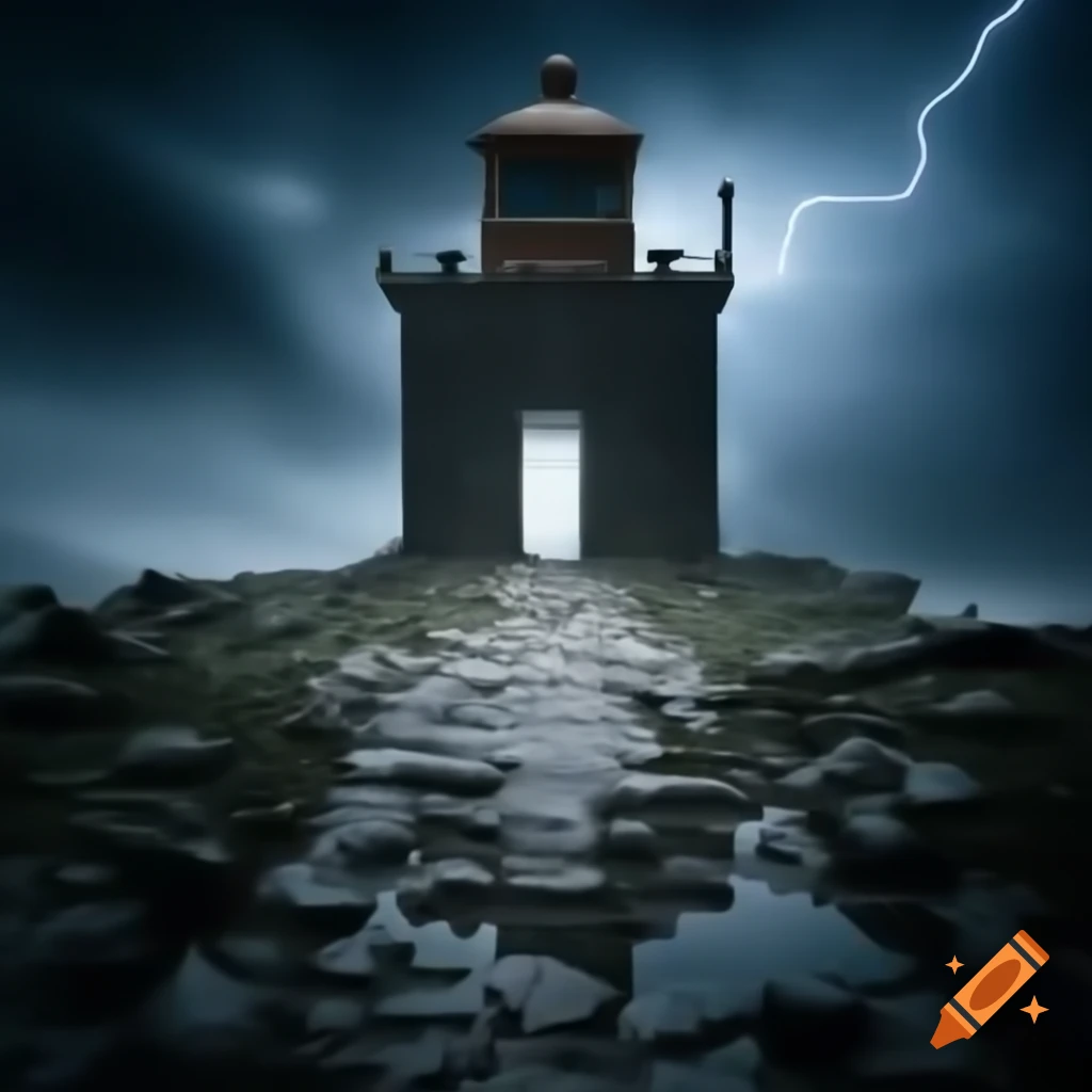 Debris falling into misty space with lightning striking a lighthouse ...