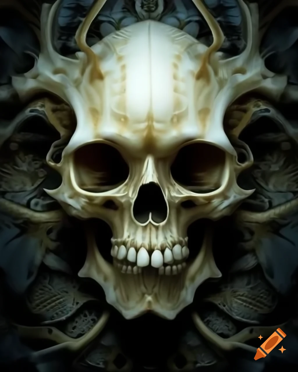 Fractal Egyptian biohazard art on bright white alien bone skull on Craiyon