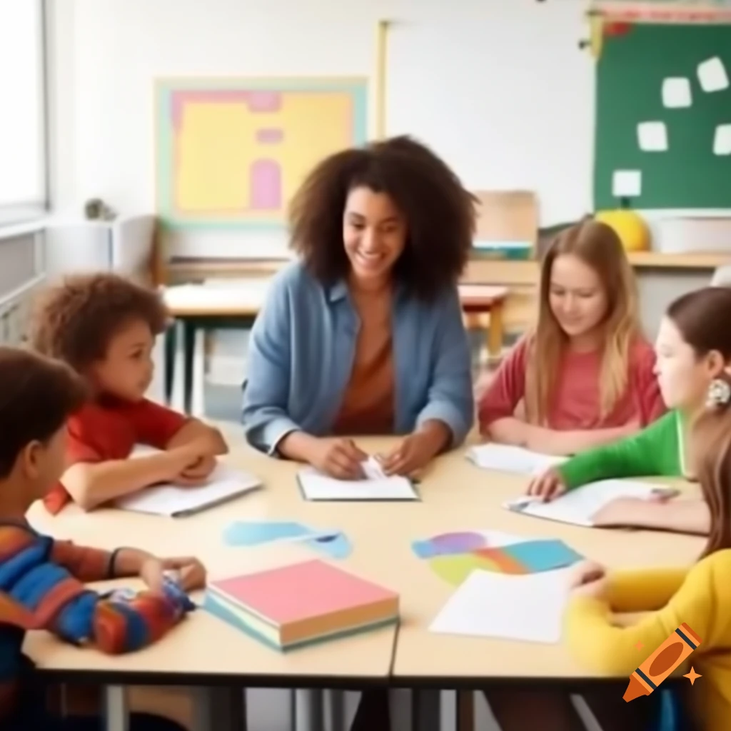 Colorful classroom with gender-neutral teacher teaching languages with ...
