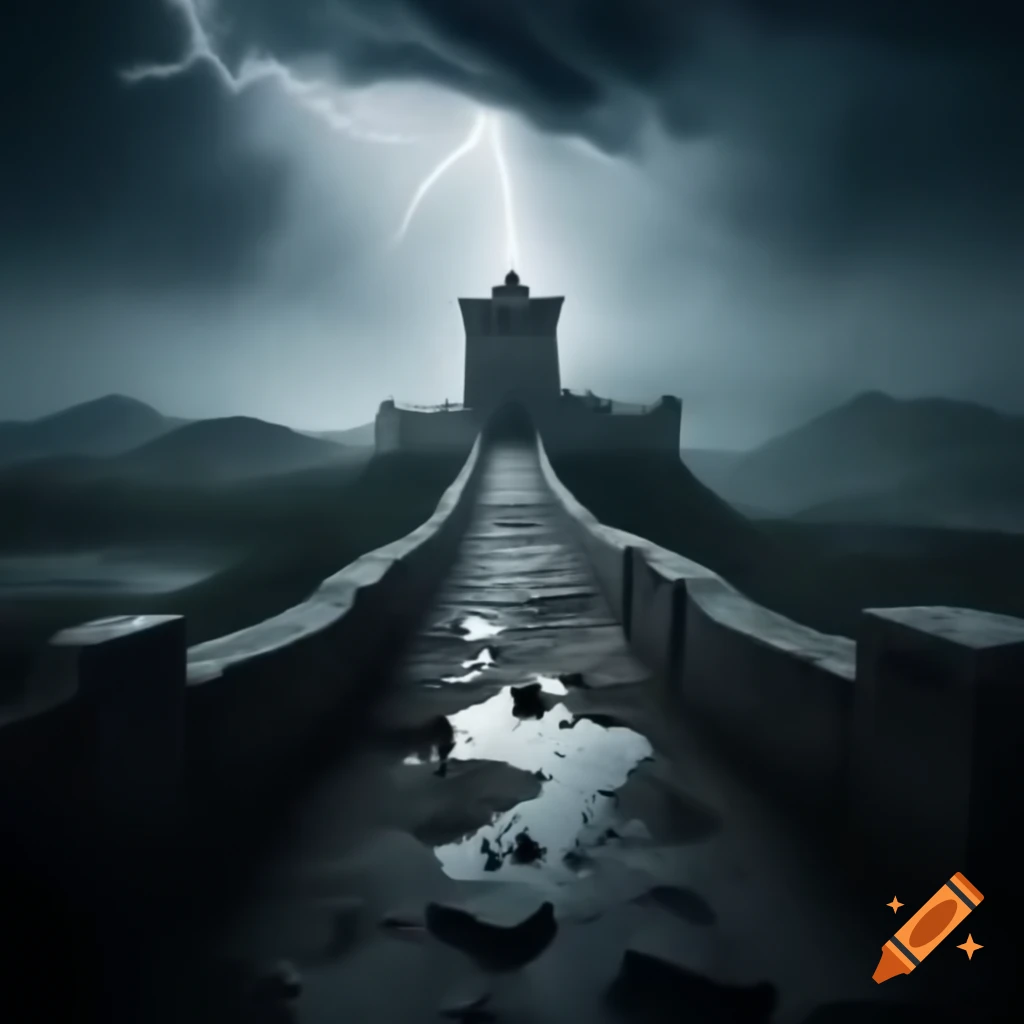 Debris falling into misty space with lightning striking a medieval ...