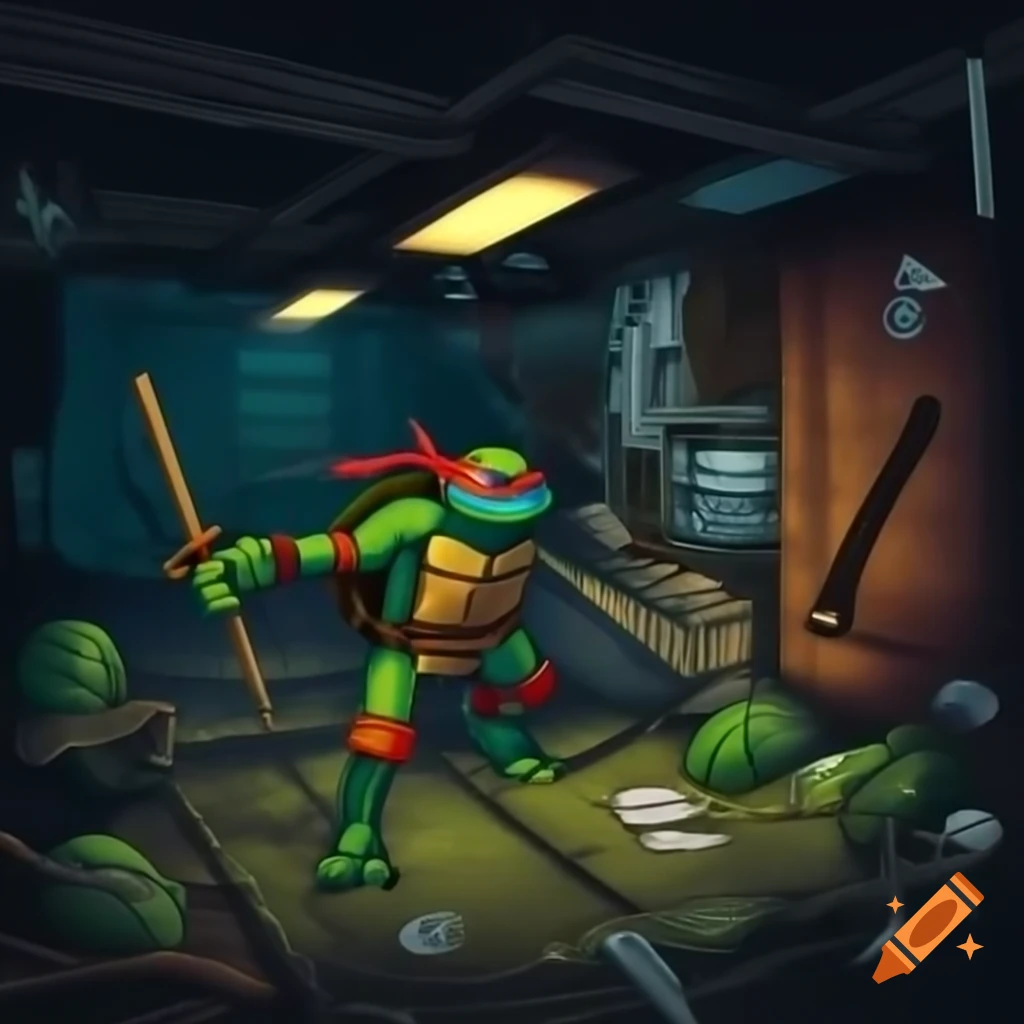 Ninja turtles in dilapidated basement with plans, weapons, and ...