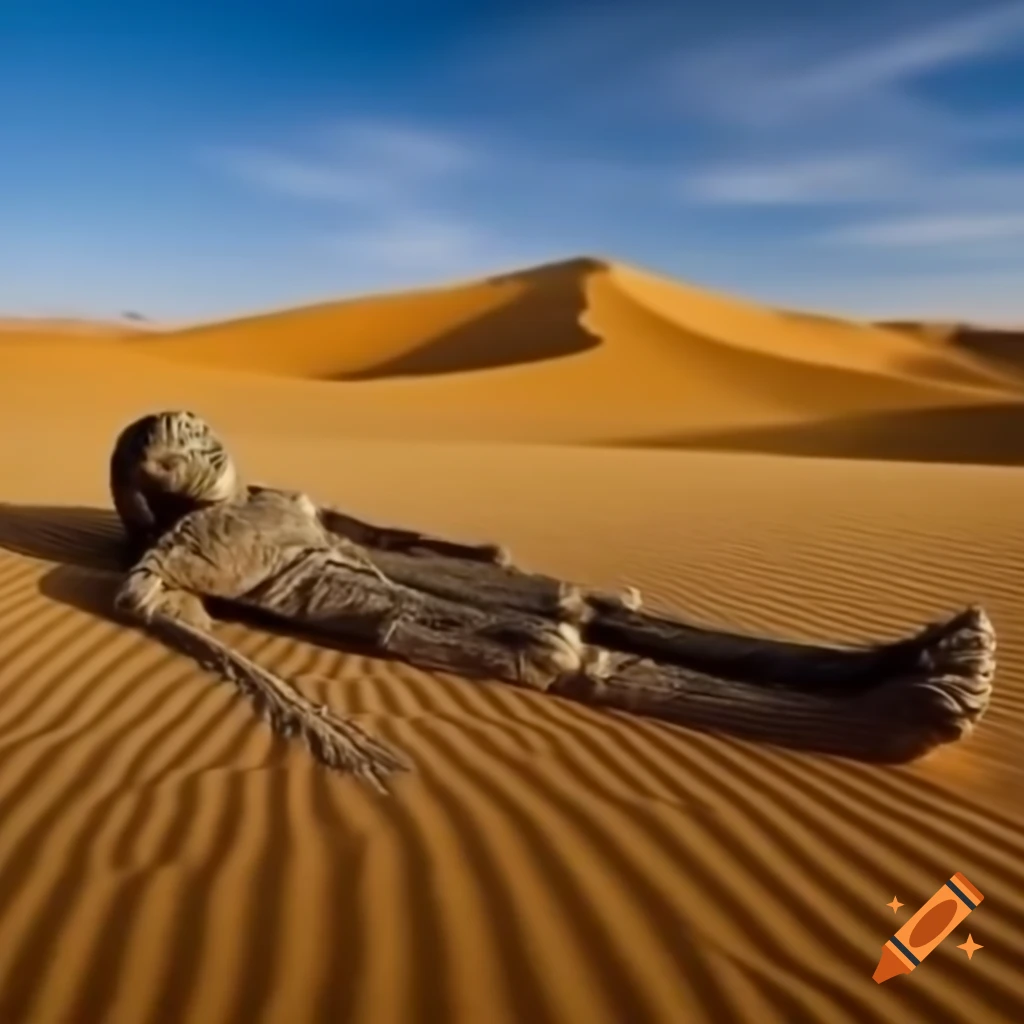 Ancient mummy discovered in the Tarim Basin in desert landscape on Craiyon