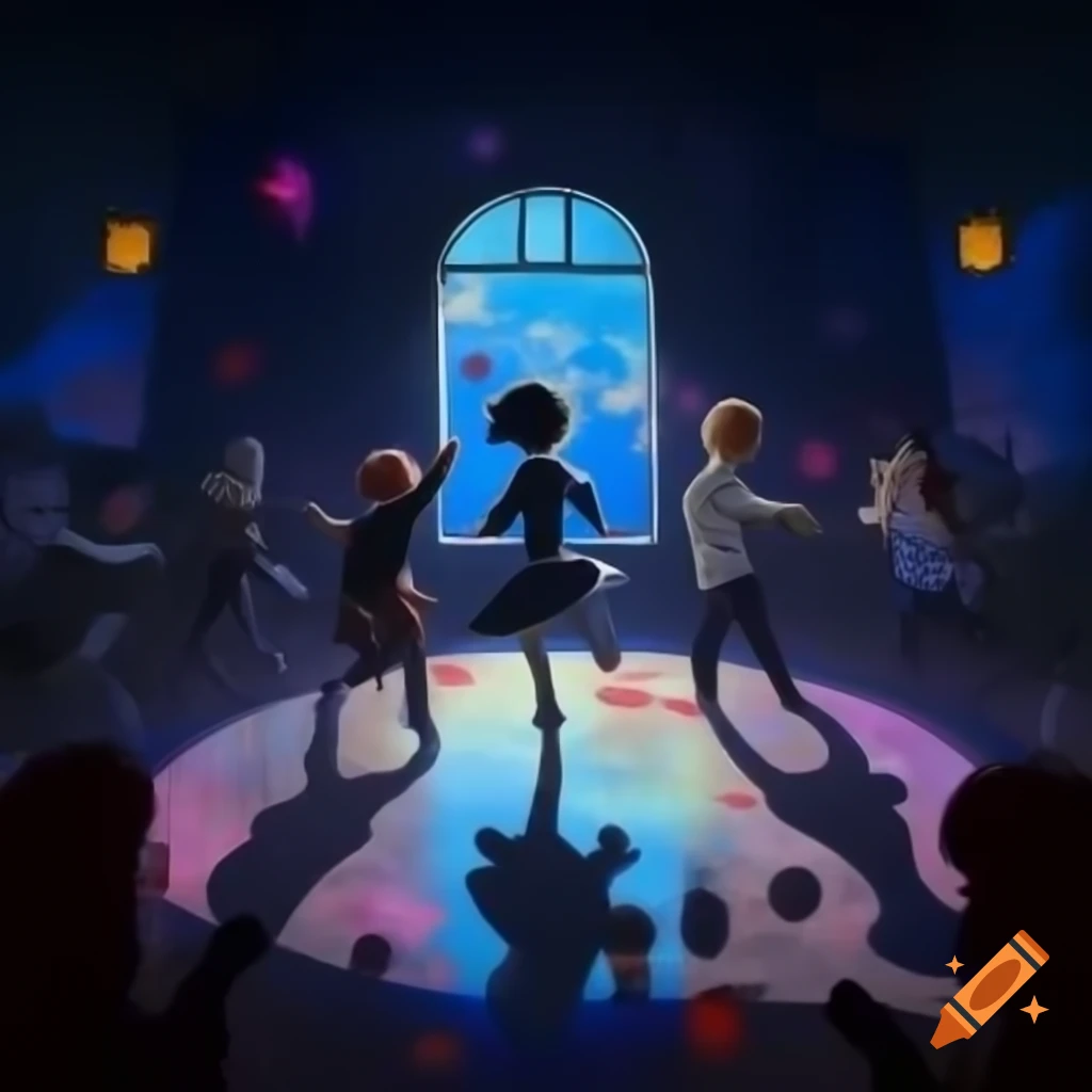 Dance floor with colorful lights and students dancing, shadowy figure ...