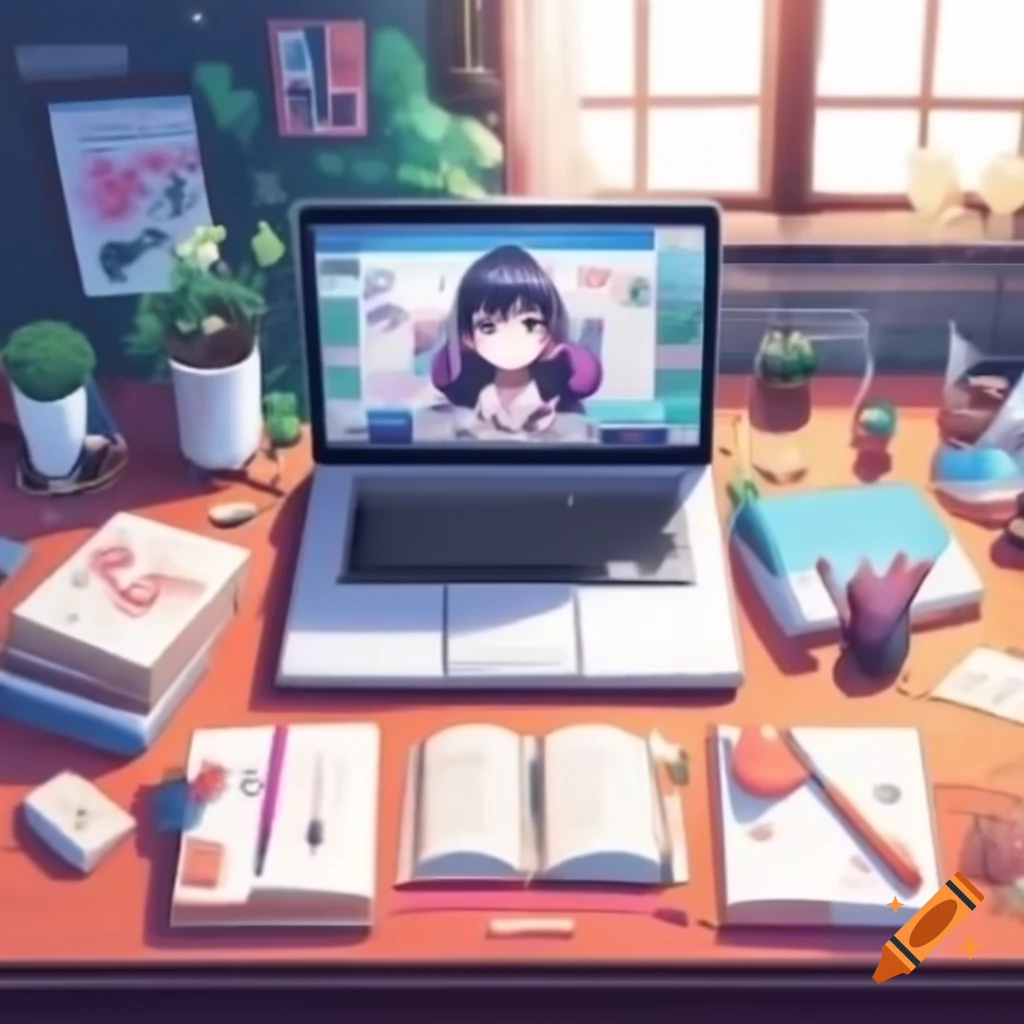 Anime-style workspace with laptop, textbooks, and decorations for ...