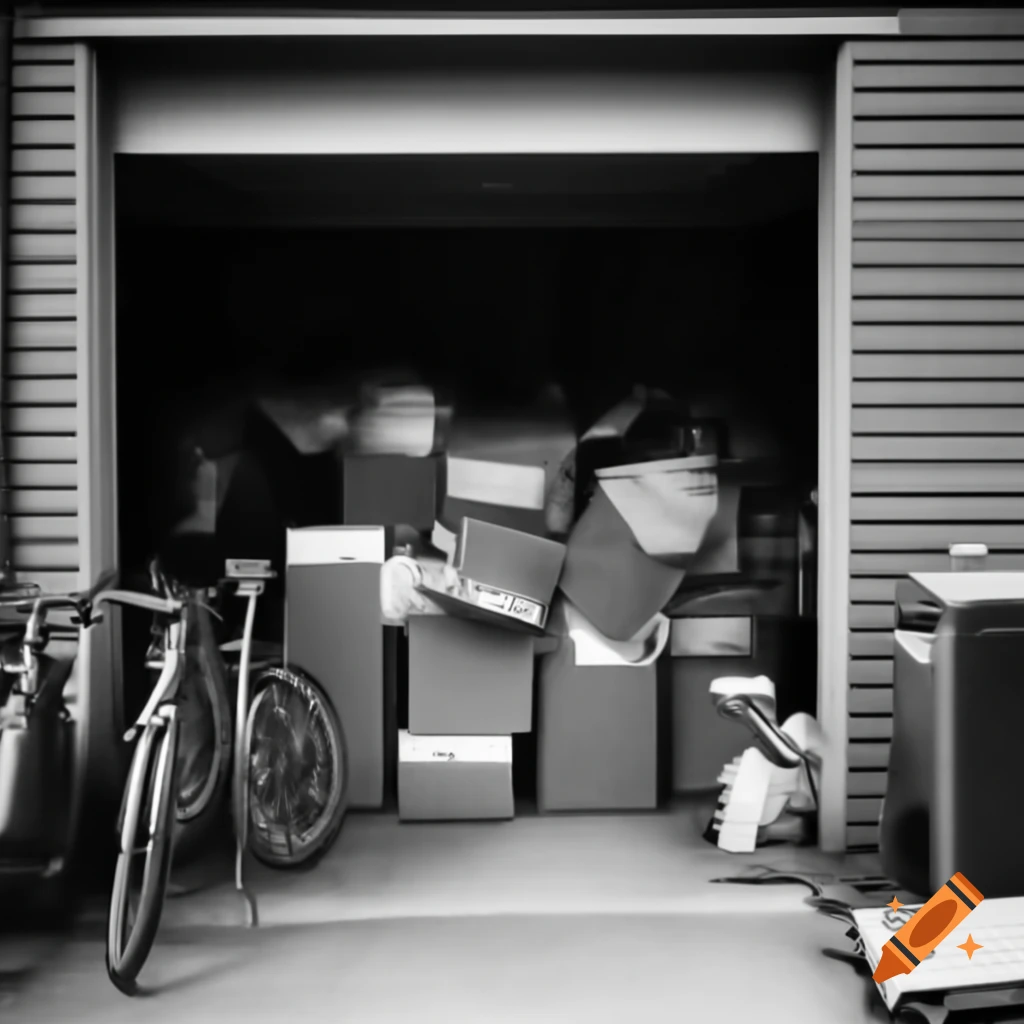Unorganized garage with scattered boxes, bikes, scooters, and messy ...