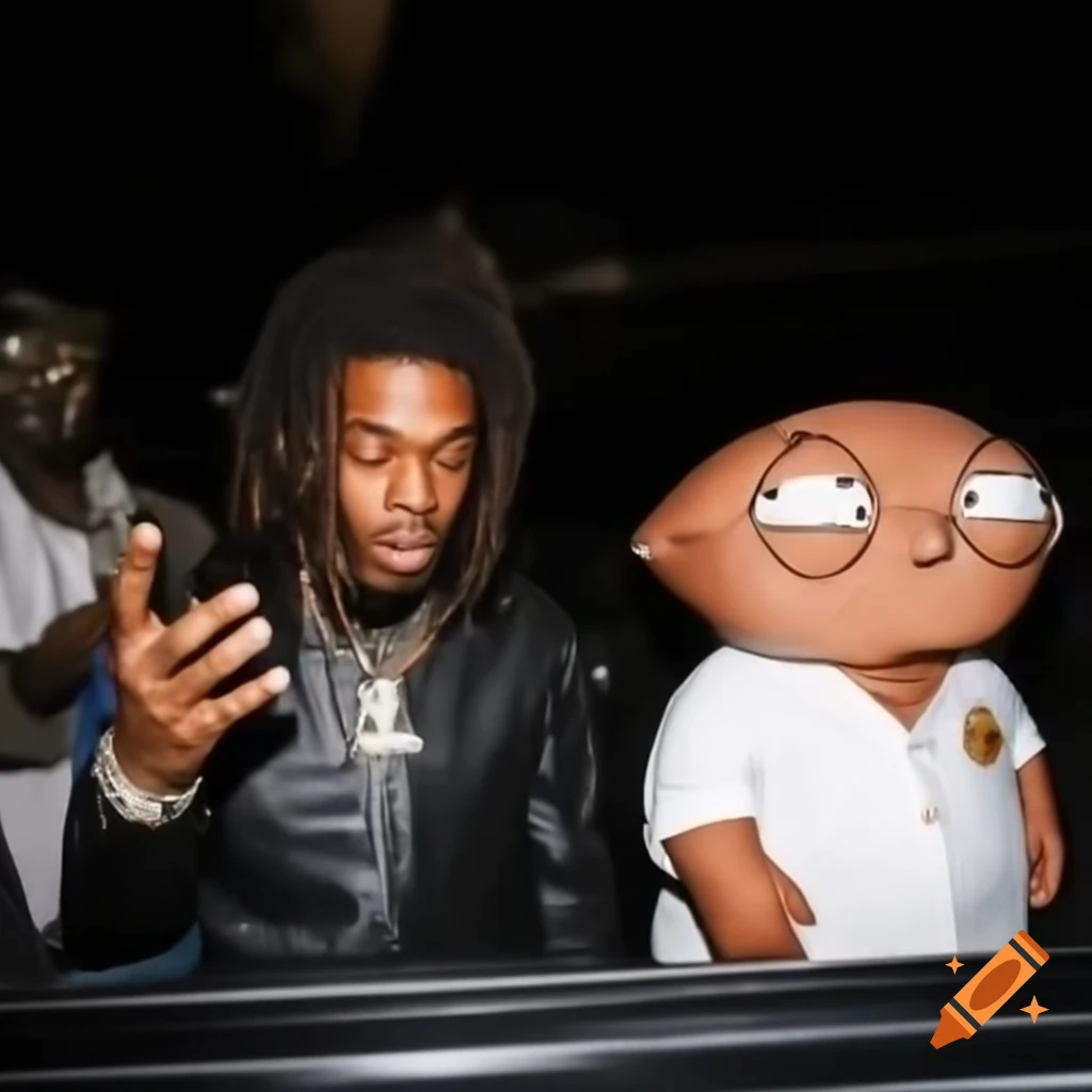 Rapper with dreadlocks and cartoon character waving goodbye on Craiyon