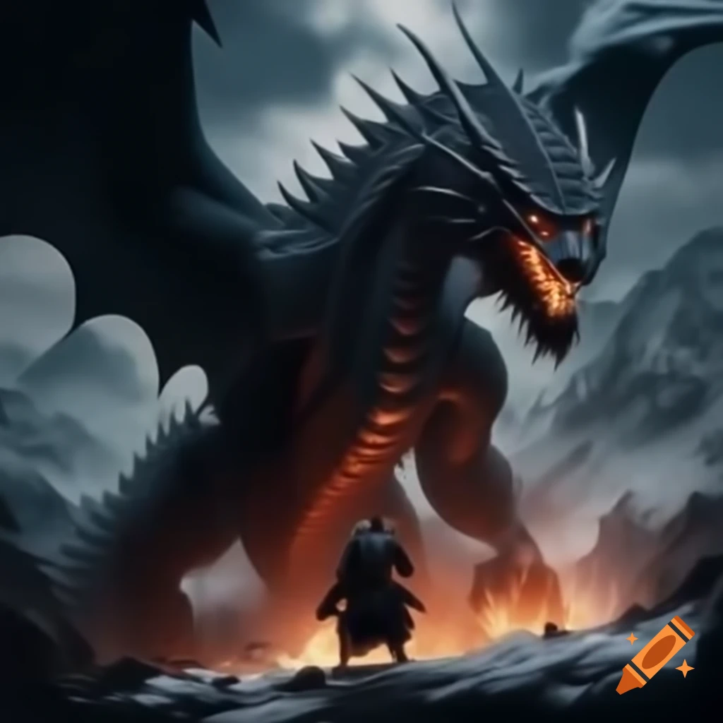 Samurai riding black dragon breathing fire over snowy mountains on Craiyon