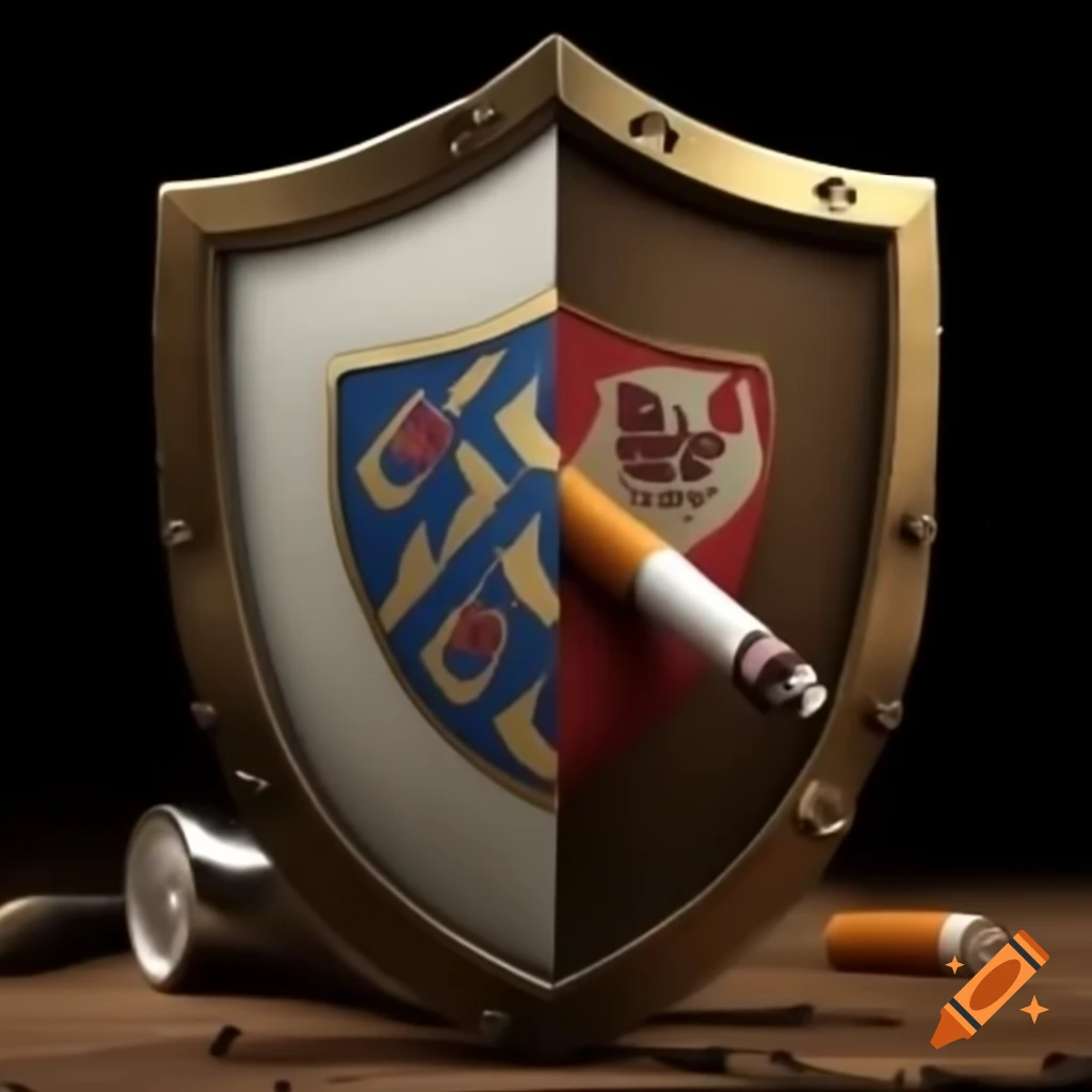 Crest design for fraternity featuring a shield and a cigarette on Craiyon