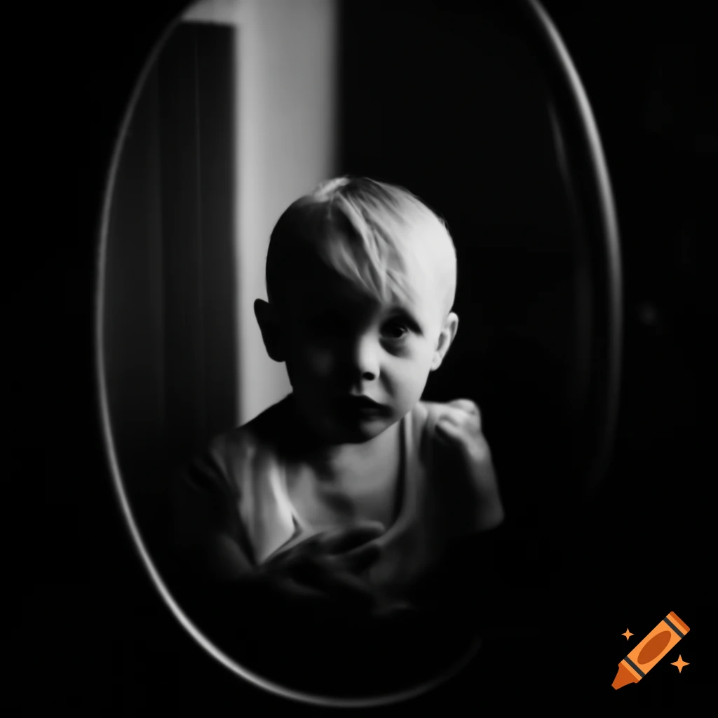 High contrast horror portrait of an evil child looking in a mirror on ...