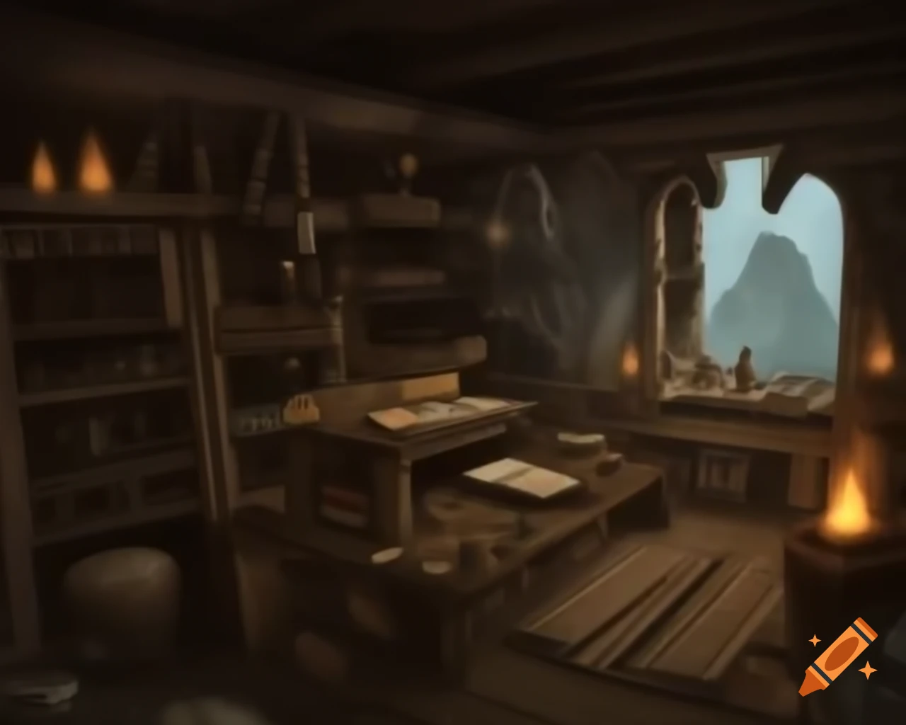 Cozy medieval workshop with shelves of old books and mystical items on ...