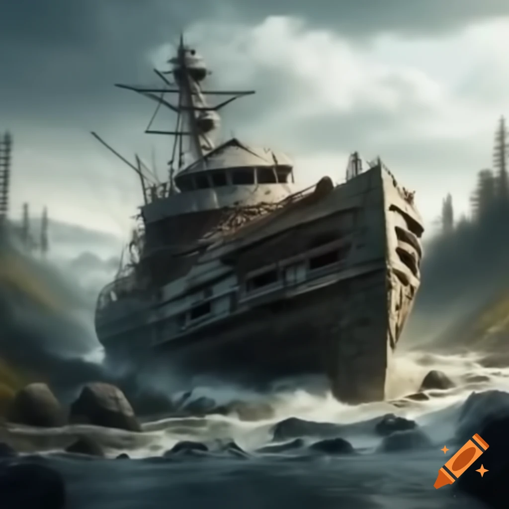 Post-apocalyptic ship stranded in river on Craiyon