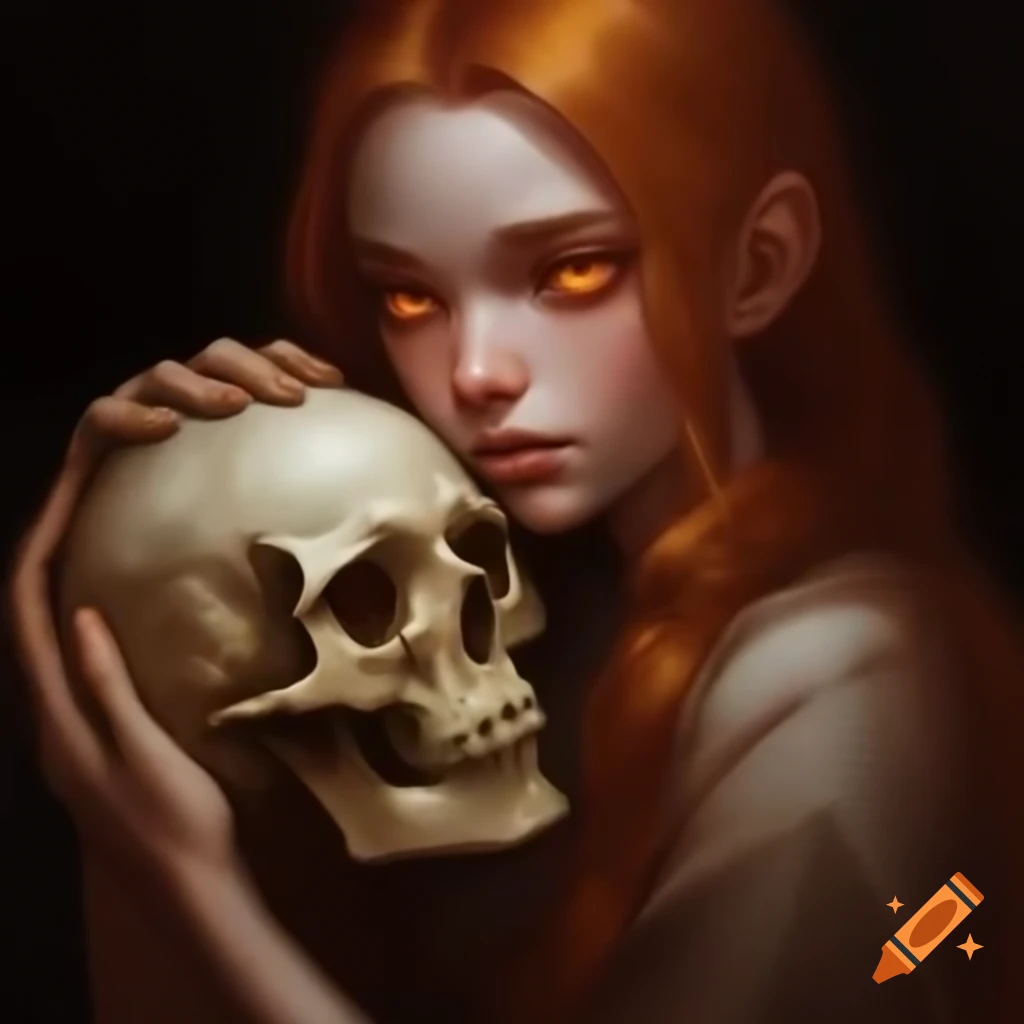 Hyperrealistic woman with auburn hair and orange eyes contemplating a ...