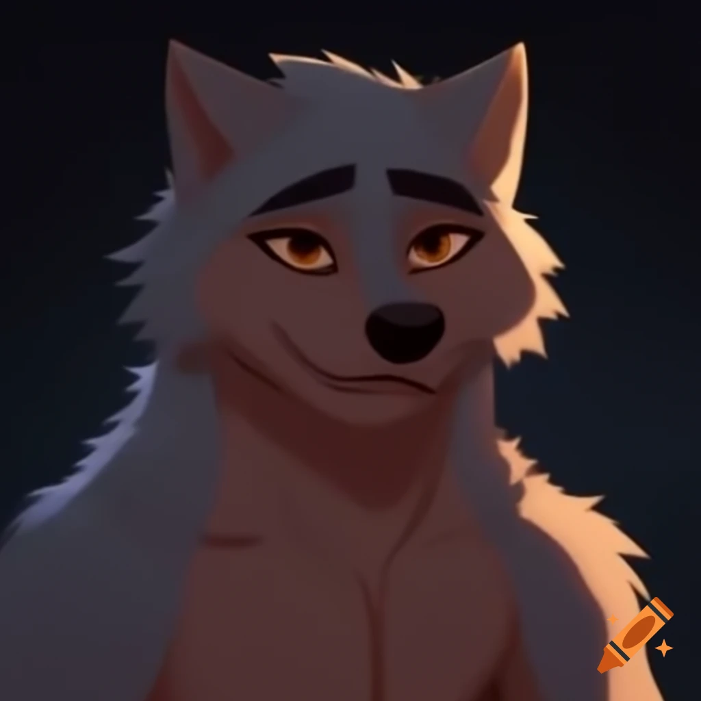 Anthropomorphic male wolf character with soft fur on Craiyon