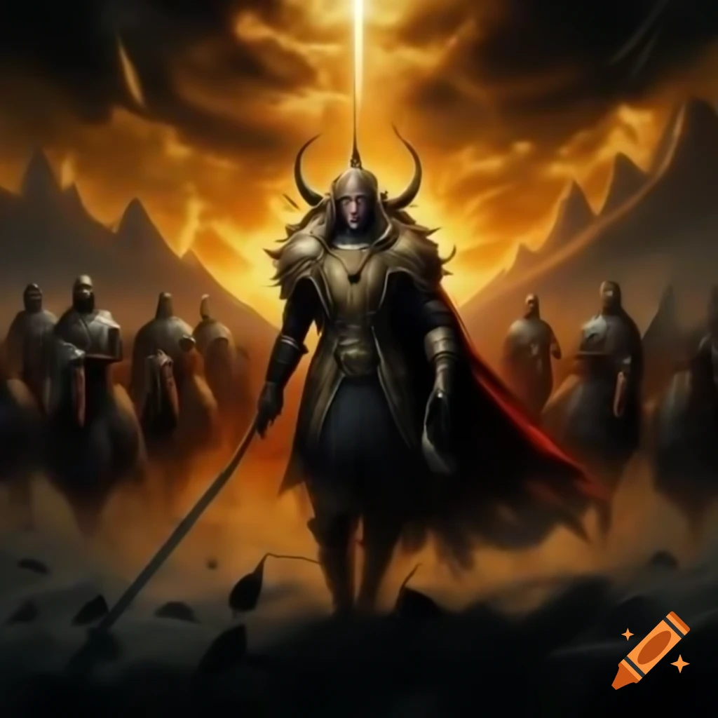 Rostam, Persian hero in battle armor, confronting vast army on Craiyon