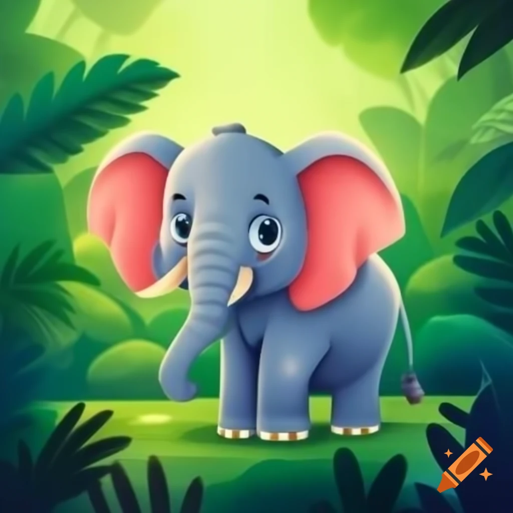 Cartoon elephant in a vibrant jungle setting on Craiyon
