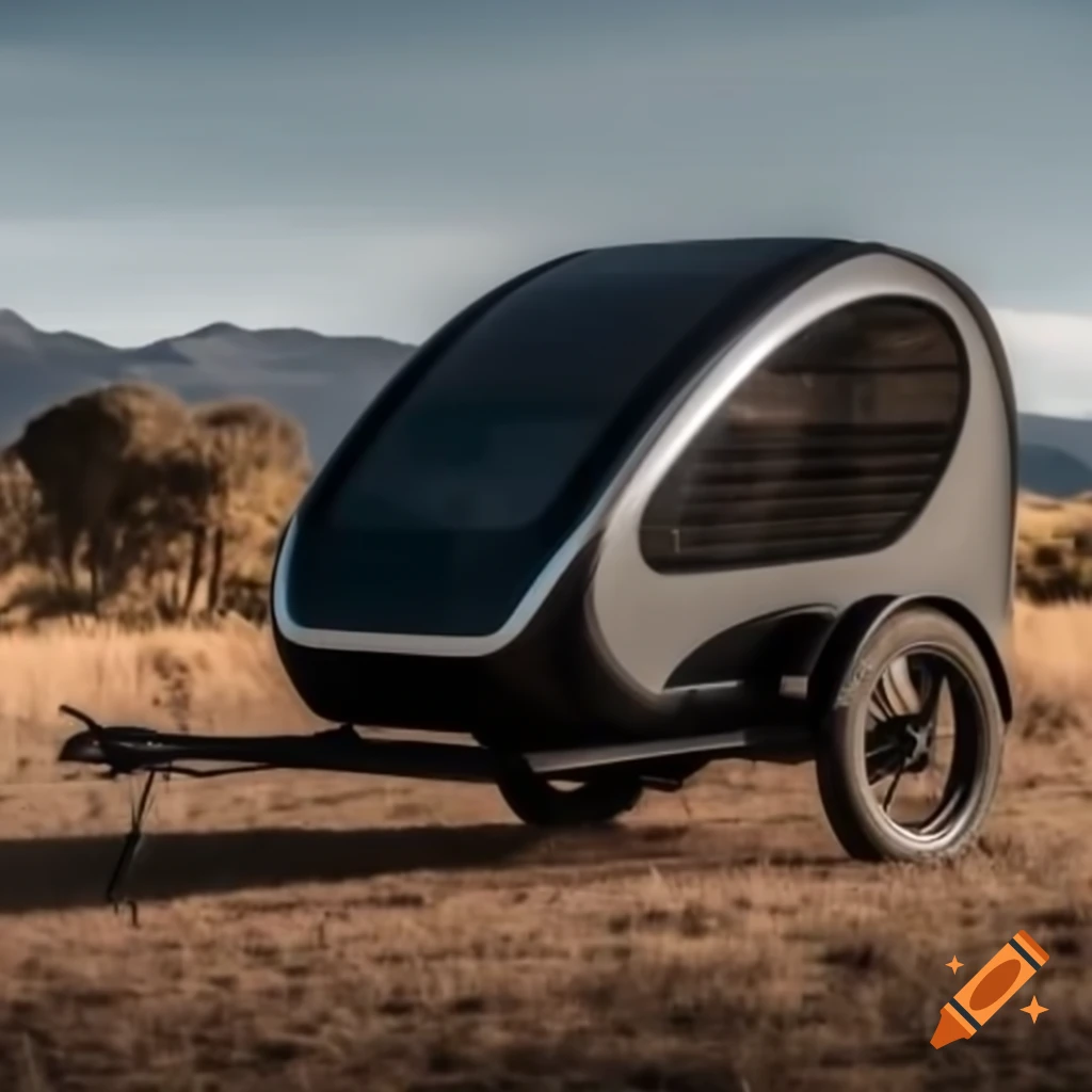 Realistic e-bike towing capsule-shaped trailer with solar panels on Craiyon