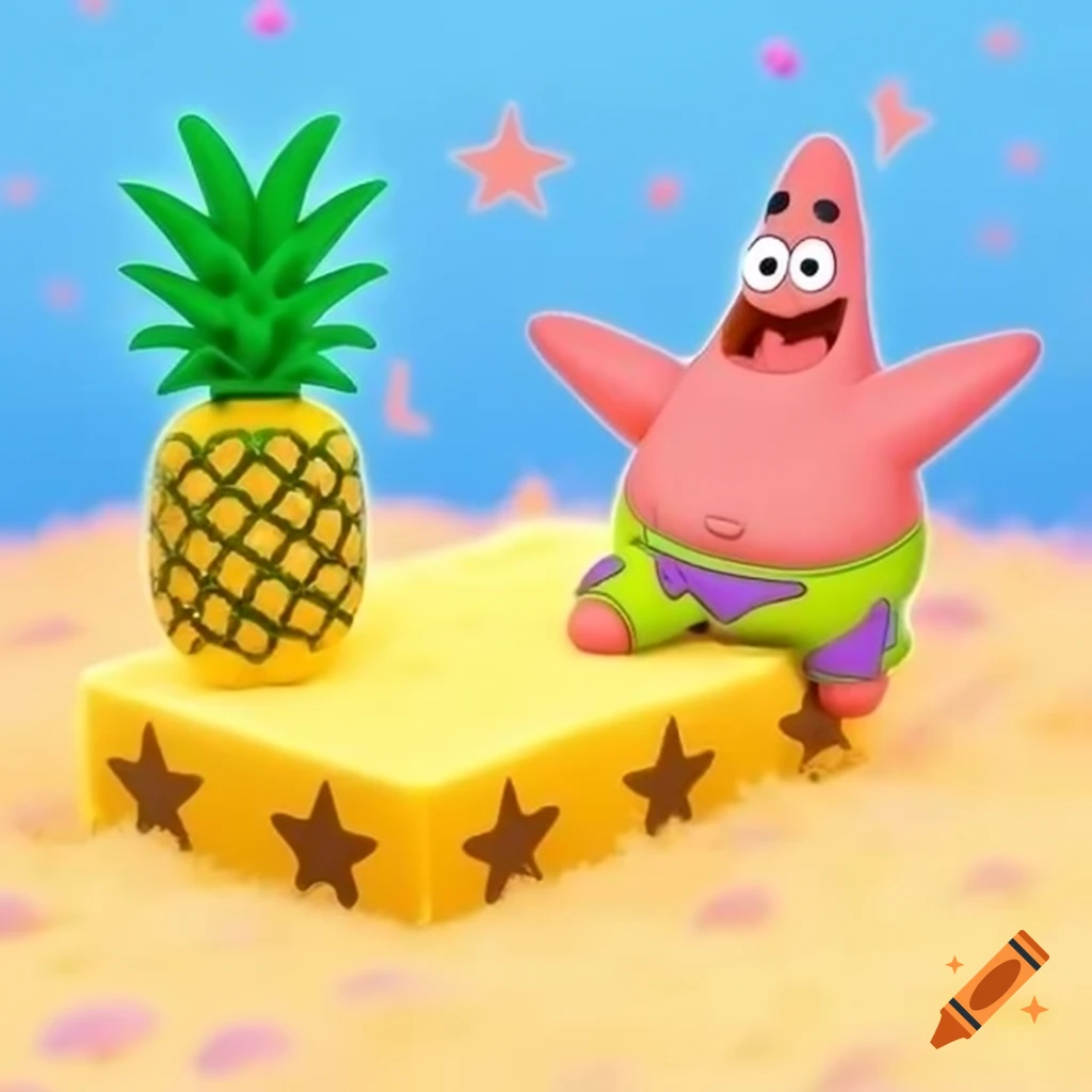 Cartoon character with pants and shoes in pineapple house landscape with Patrick Star on Craiyon
