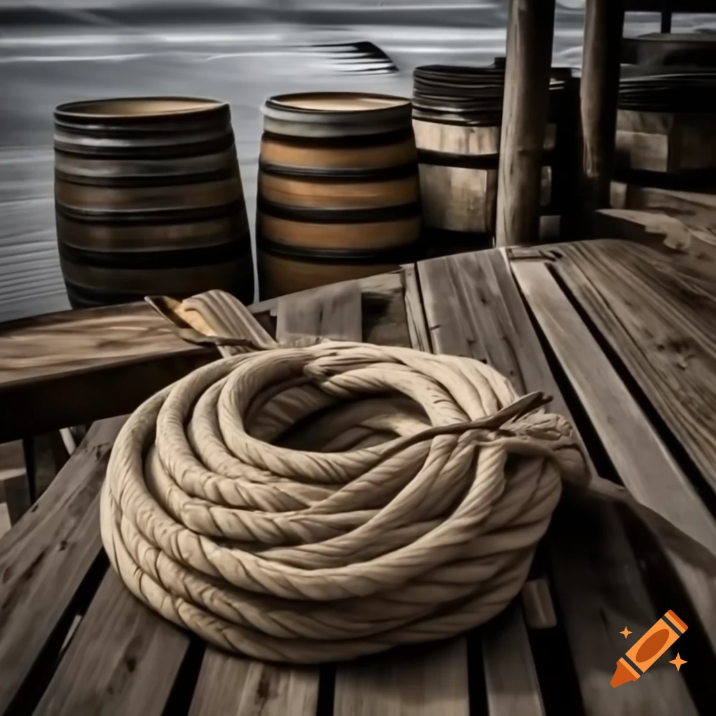 Weathered rope on rustic dock surrounded by barrels and crates on Craiyon