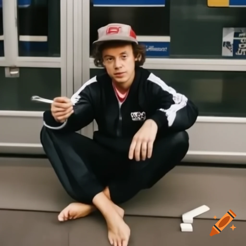 Harry Styles styled as chav in tracksuit and cap by bus stop on Craiyon