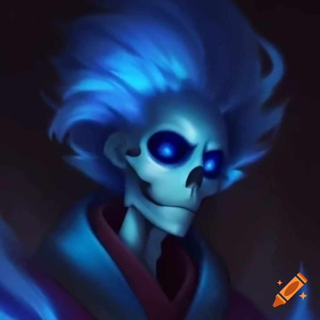 Ethereal blue glowing-eyed skeleton in flowing robe with blue mohawk on ...