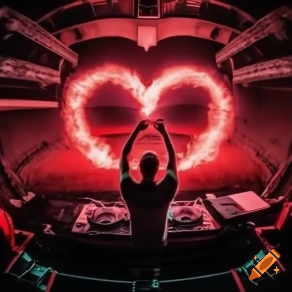 Dynamic Hardstyle live event scene with DJ and crowd forming heart ...