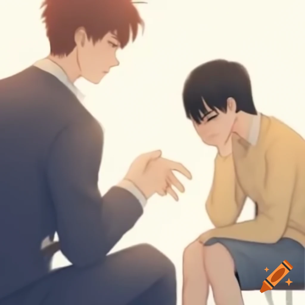 Anime scene of man in conversation with therapist, emotional dialogue ...