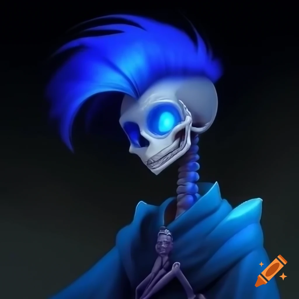 Ethereal blue glowing-eyed skeleton in flowing robe with blue mohawk on ...