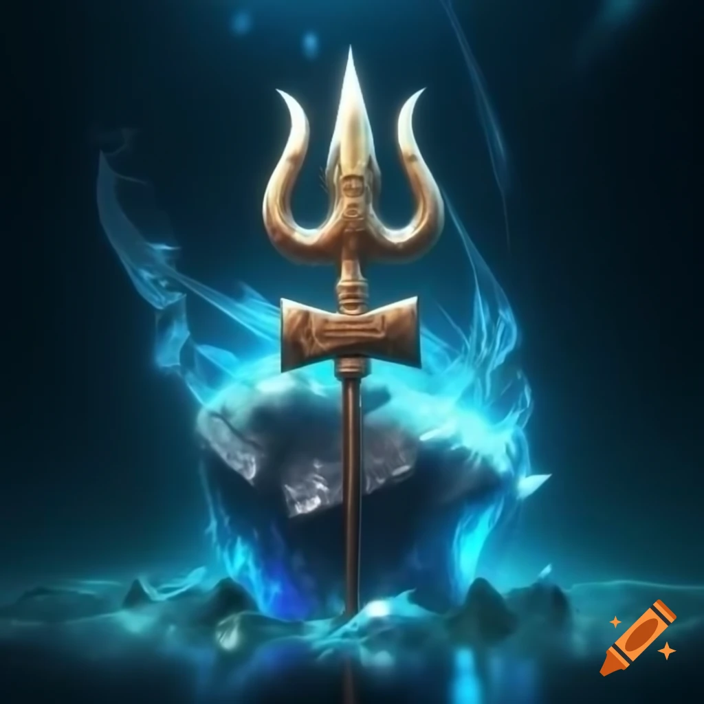 Magical trident in ocean revealing underwater kingdom with a black ...