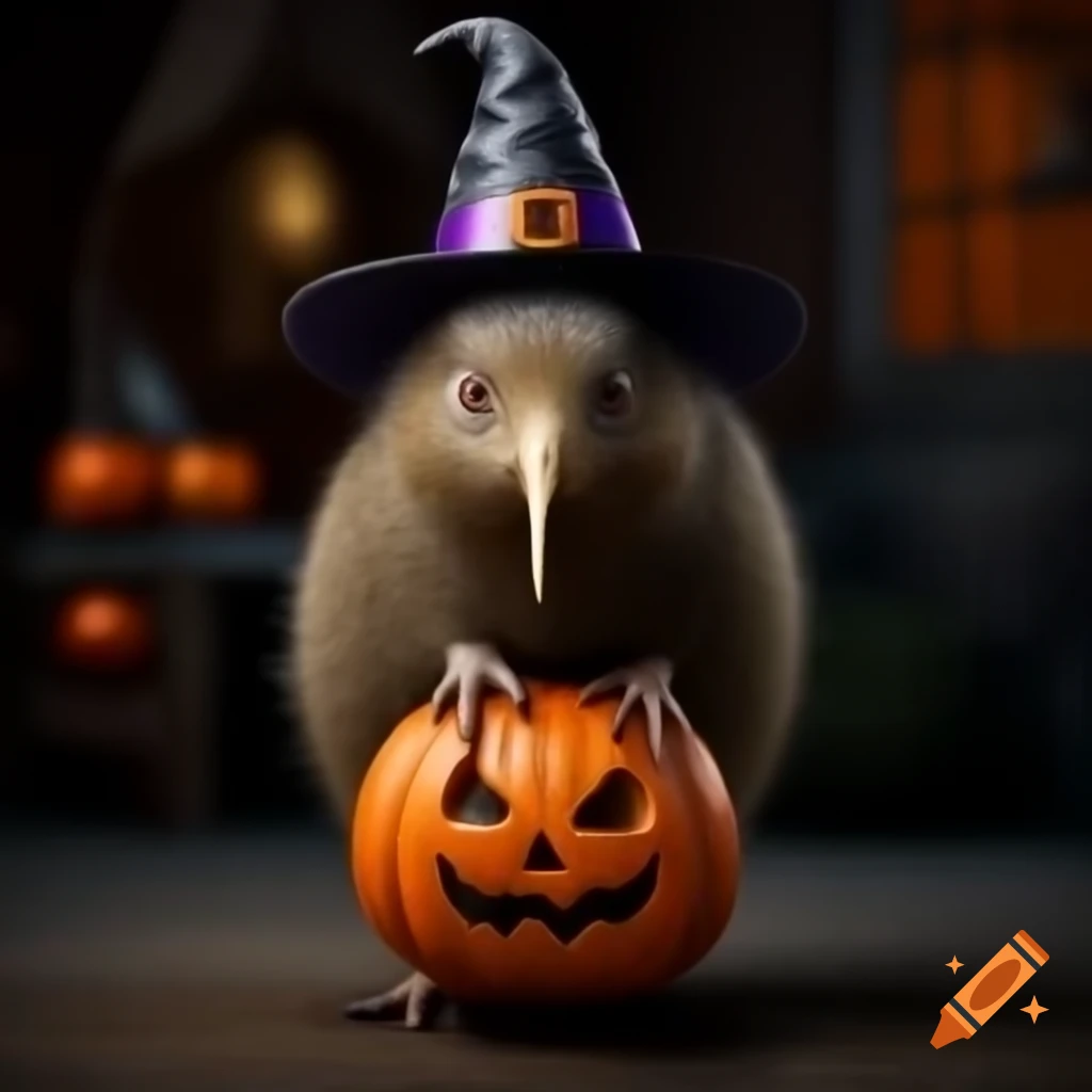 Kiwi bird in Halloween costume at midnight on Craiyon