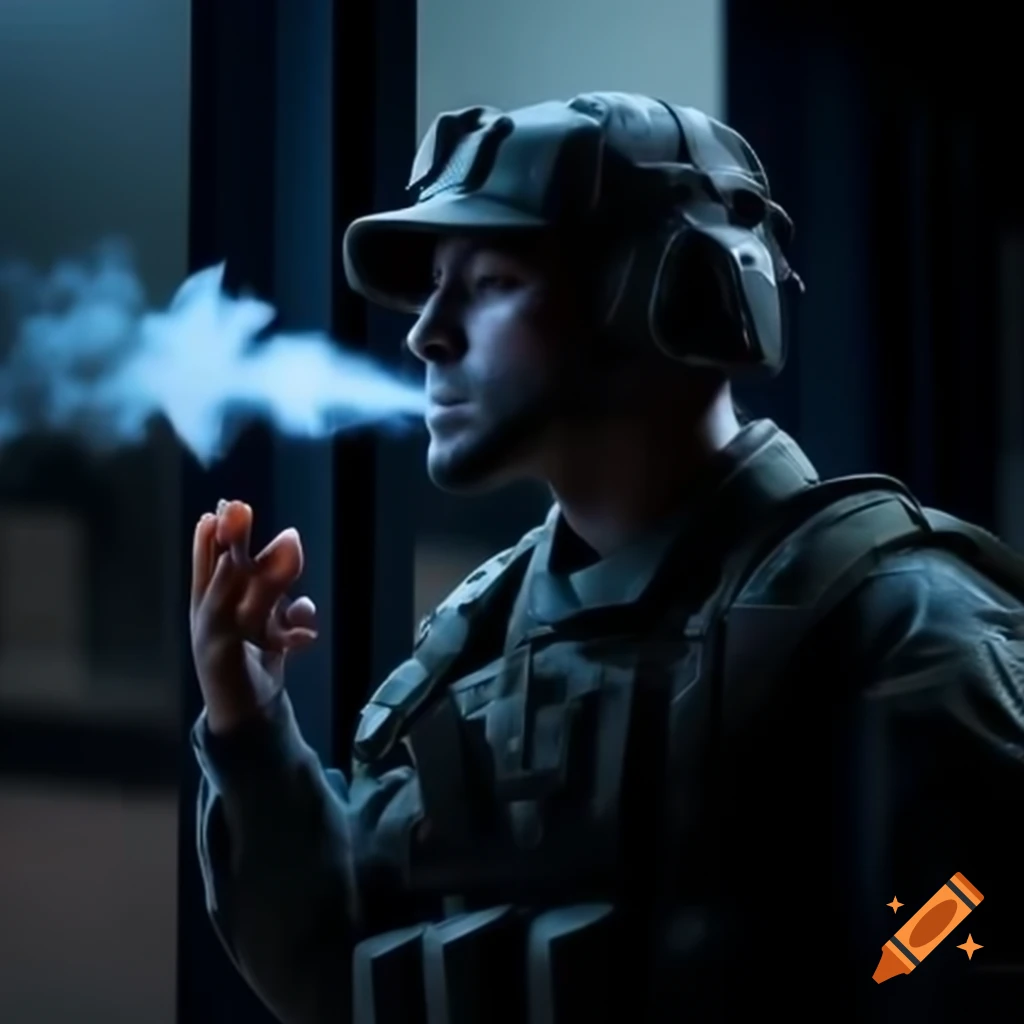 Military person vaping with glow in the dark vape on building rooftop ...