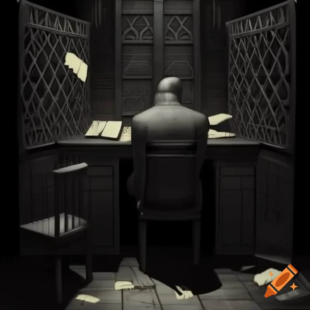 Vintage-style black and white illustration of a gothic confessional ...