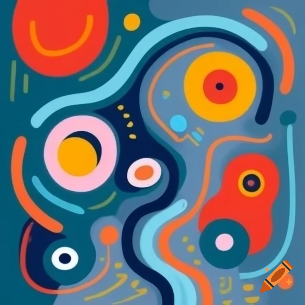 Surrealist abstract painting with colorful asymmetrical forms in grey ...