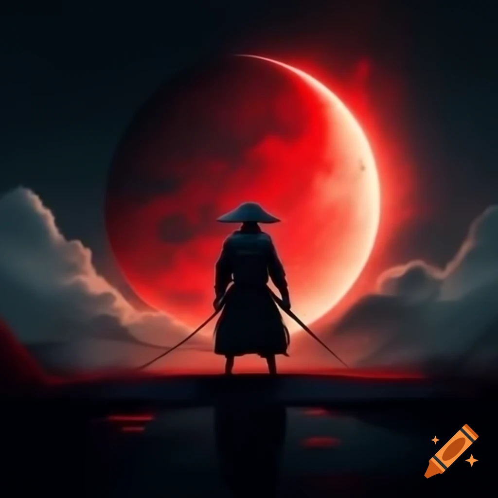 Samurai silhouette against crimson crescent moon on Craiyon