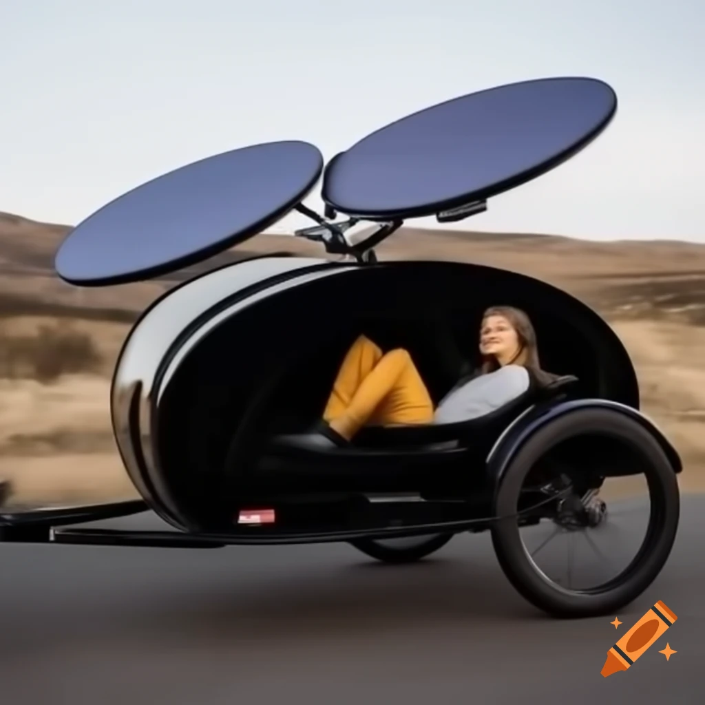 Realistic e-bike pulling capsule-shaped trailer with large solar panels ...