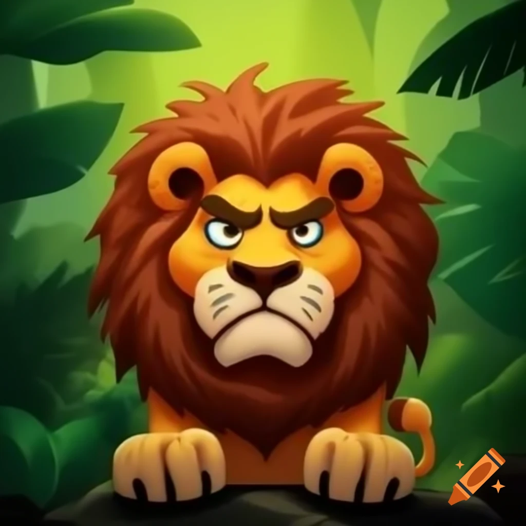 Angry cartoon lion in vibrant jungle setting on Craiyon