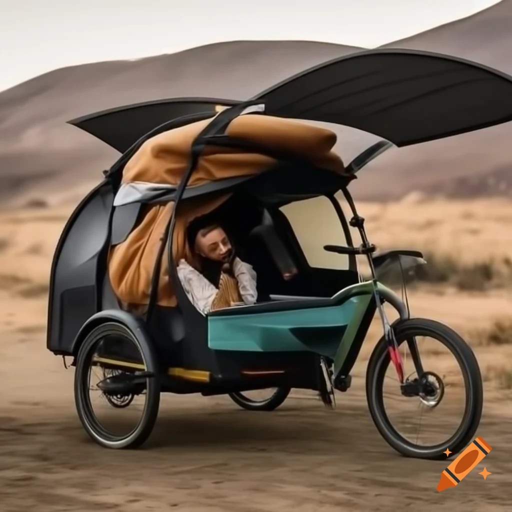 Realistic e-bike pulling trailer with capsule-shaped tent and flexible ...