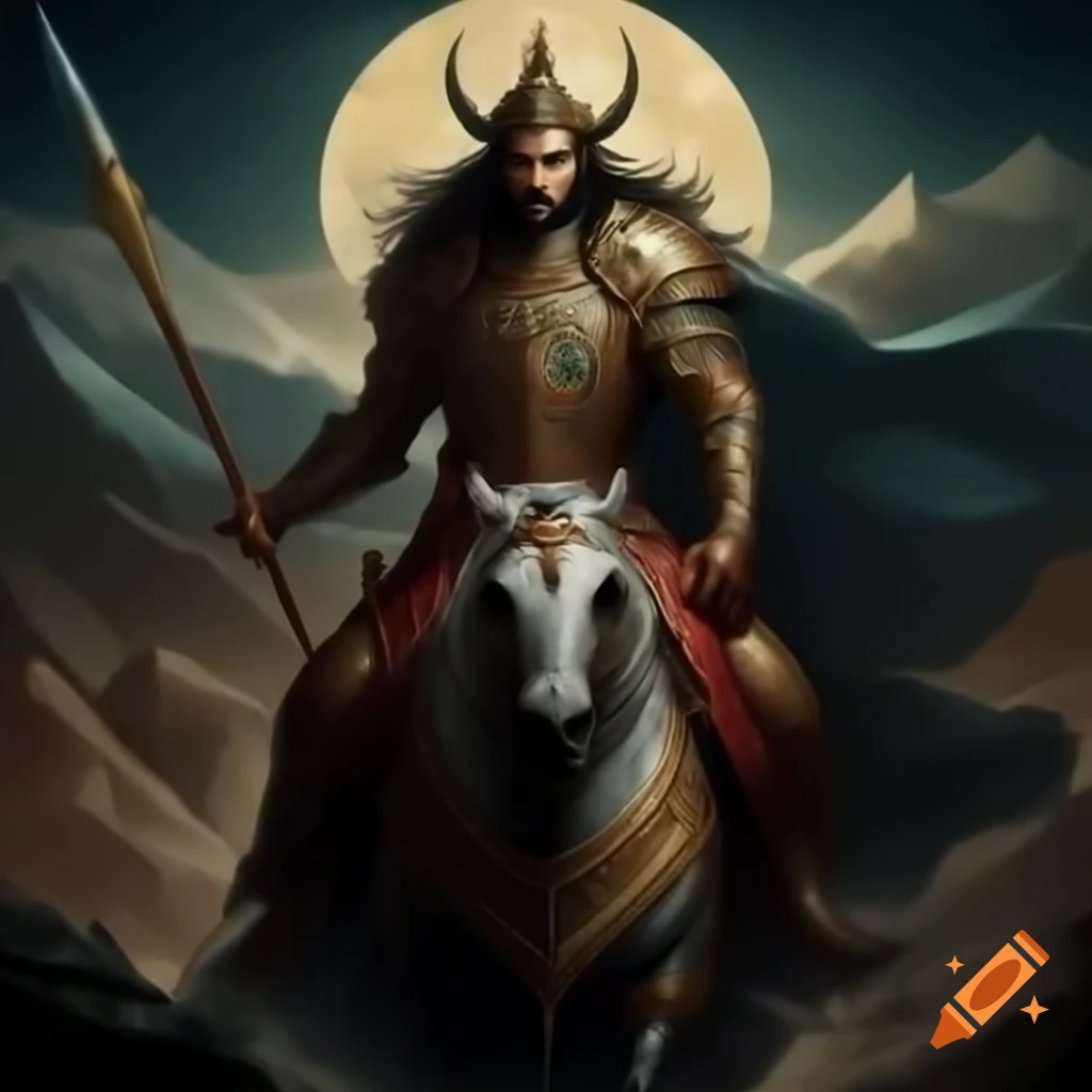 Rostam, Persian hero, riding horse Rakhsh in traditional battle armor ...