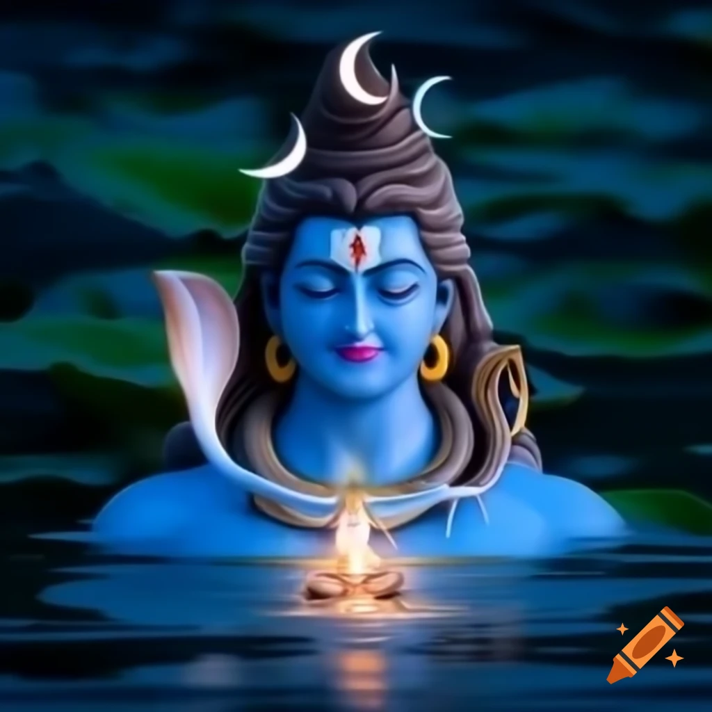 Divine vision of Lord Shiva with radiant blue skin and crescent moon ...