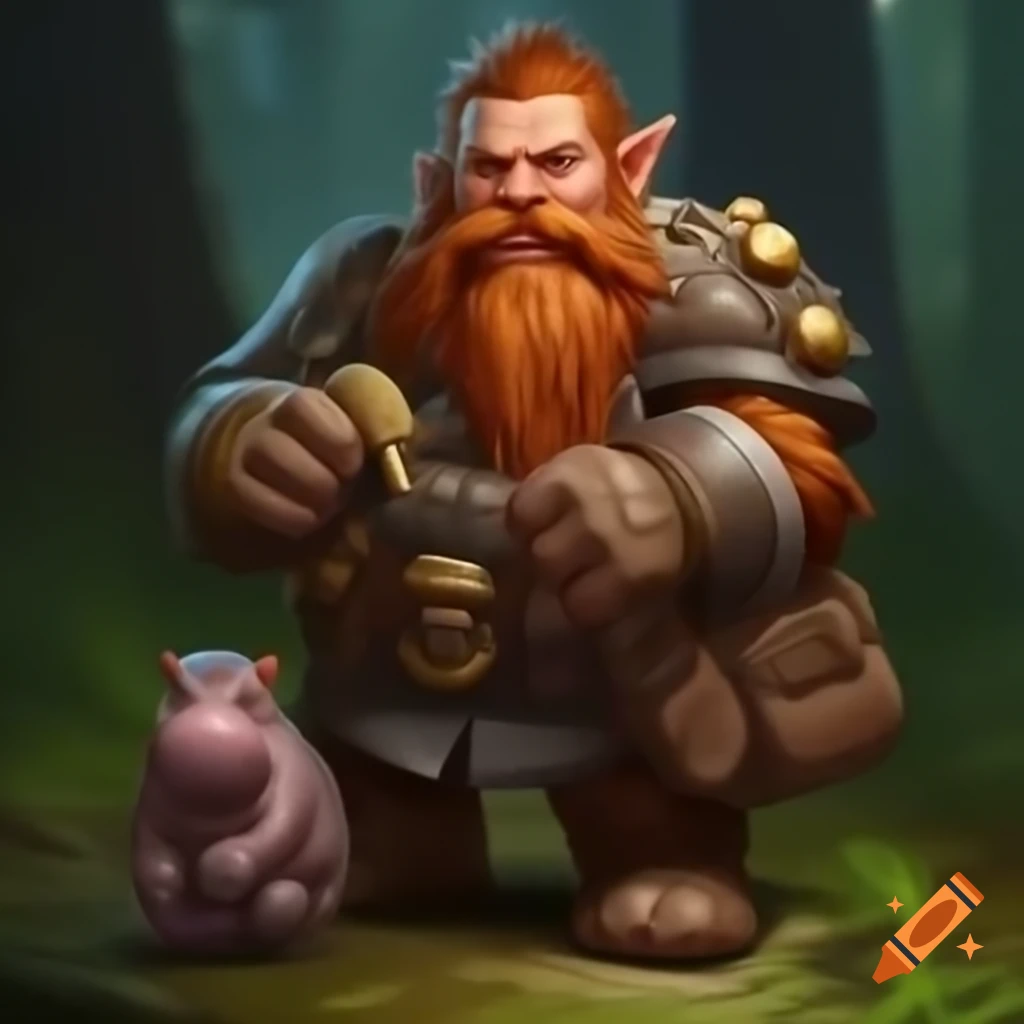 Rugged red haired fantasy dwarf carrying tiny hippopotamus in woven ...