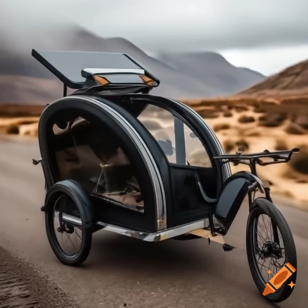 Realistic e-bike pulling trailer with capsule-shaped sleeping cocoon ...