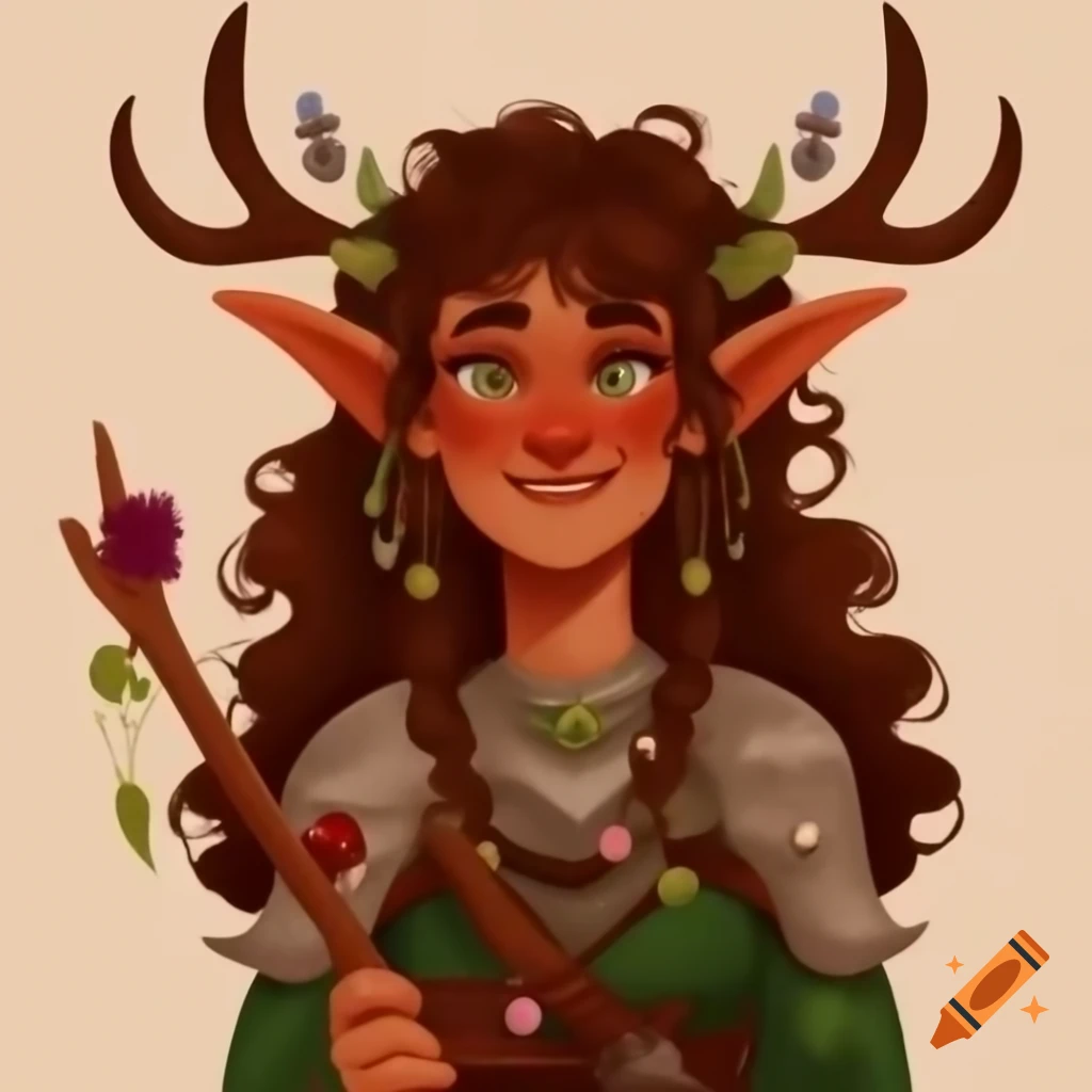Elf druid woman with curly hair, antlers, and leaf attire in kyle ...