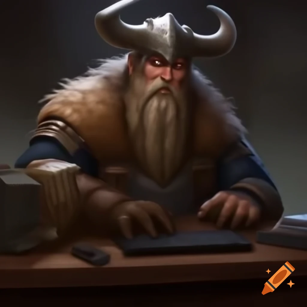 Norse developer in horned helmet coding with runic text on screens on ...